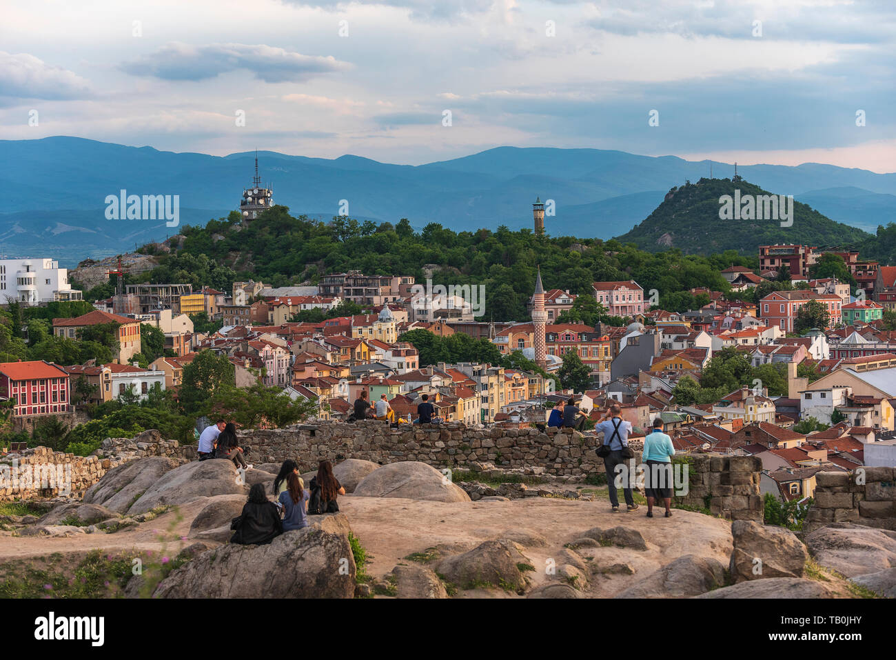 Nebet tepe Hill in Plovdiv city, Bulgaria. Panoramic view with warm ...