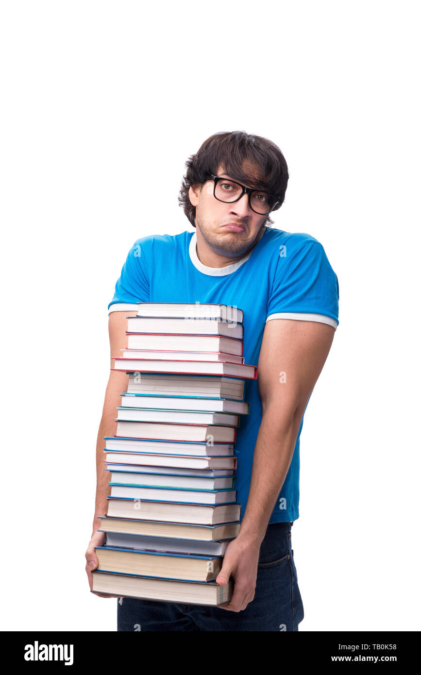 Male student with many books isolated on white Stock Photo - Alamy