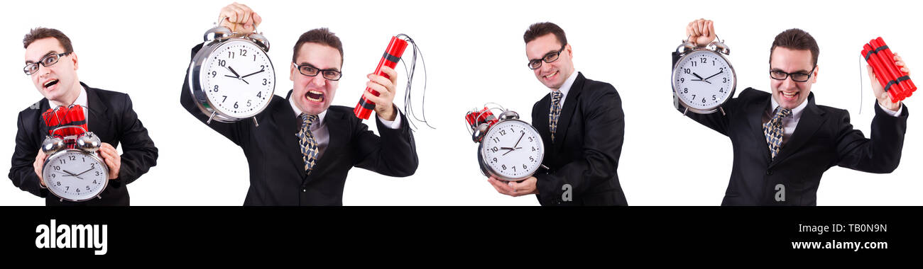 Man with time bomb isolated on white Stock Photo - Alamy