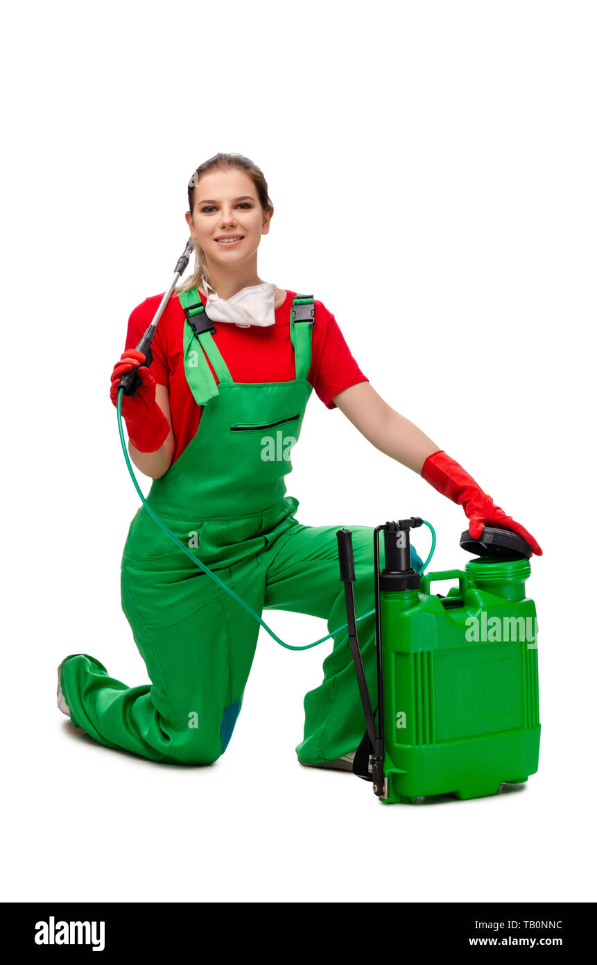 Female pest control contractor isolated on white Stock Photo - Alamy