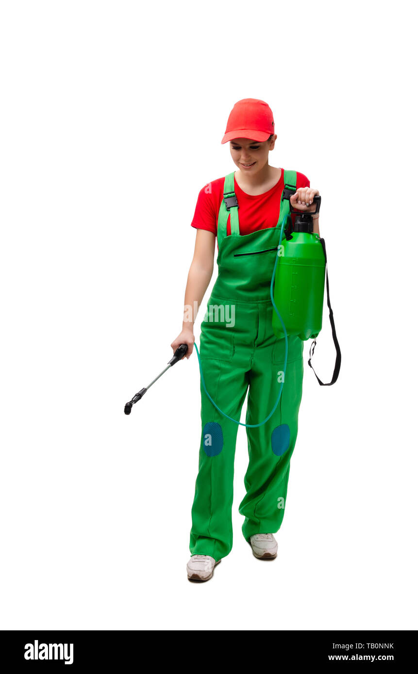 Female pest control contractor isolated on white Stock Photo - Alamy
