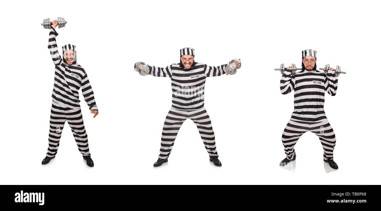 Prison inmate with dumbbells isolated on white Stock Photo - Alamy