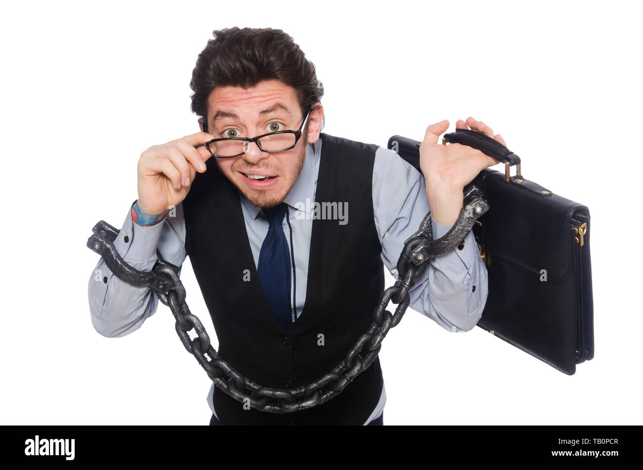 Chained male employee isolated on white Stock Photo - Alamy