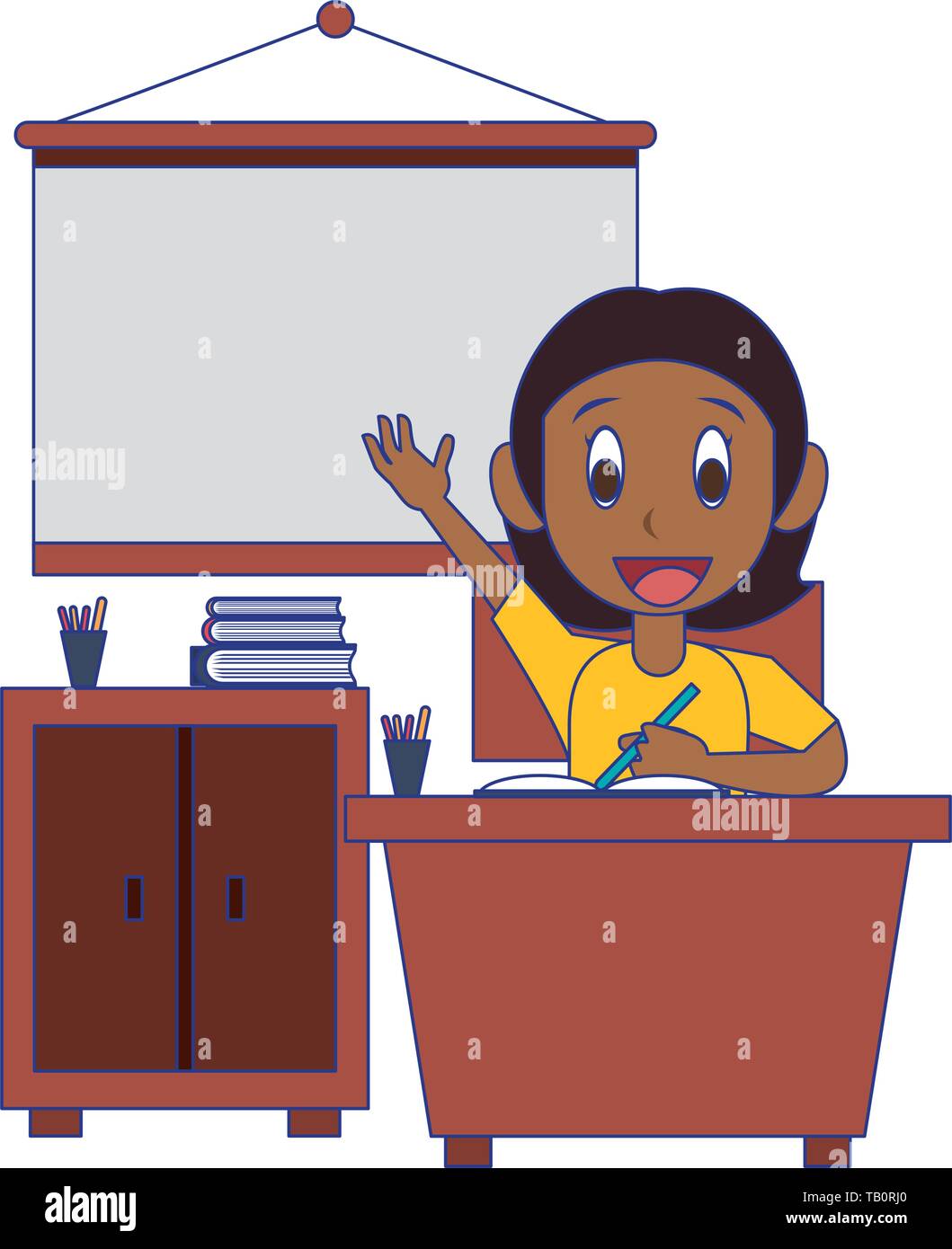 Student girl in classroom cartoon blue lines Stock Vector Image & Art ...