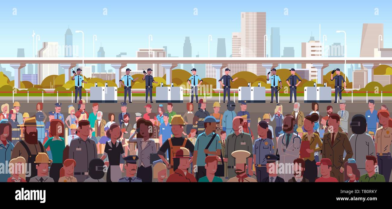 mix race police officers group controlling different occupations people ...