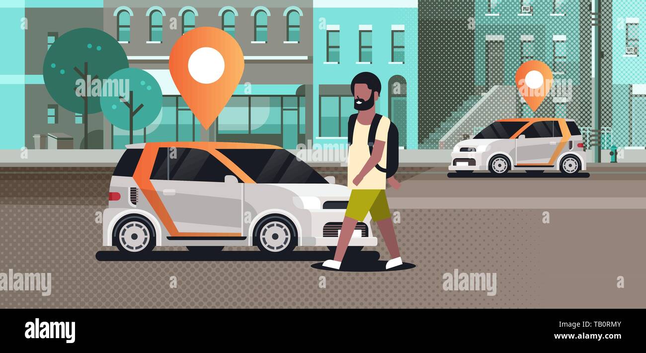 cars with location pin on road online ordering taxi car sharing concept ...