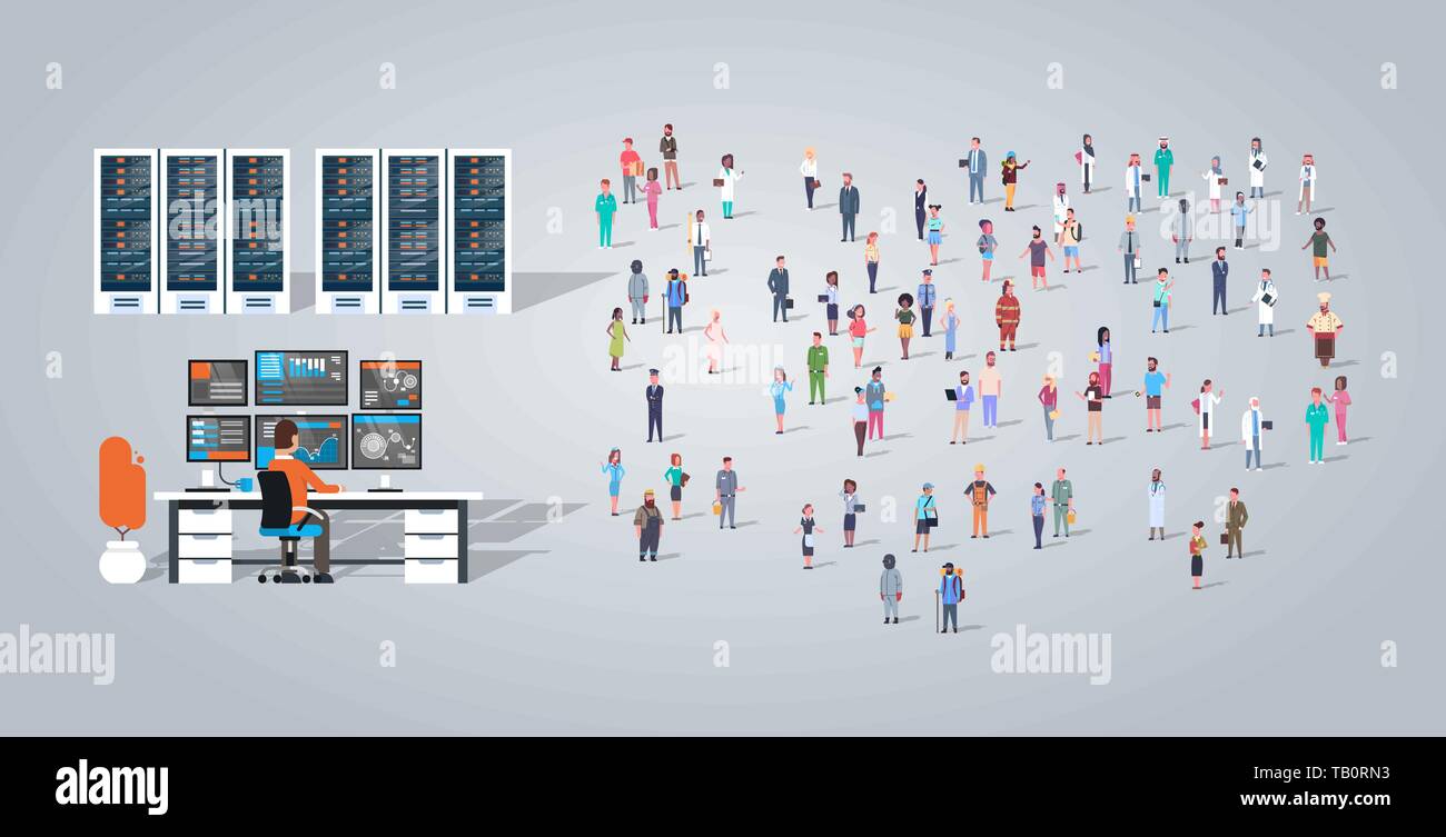 man working in data center over people group different occupation ...