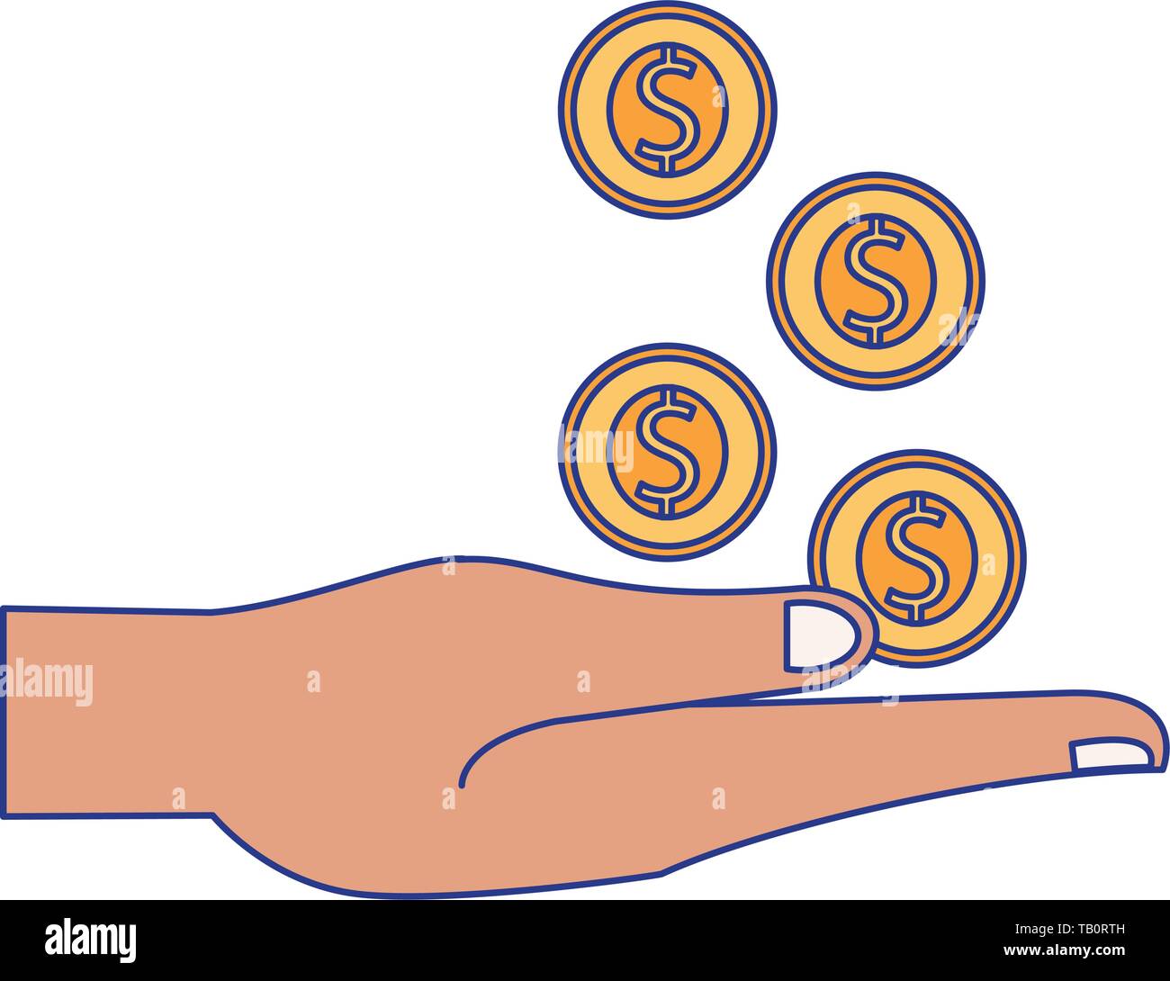 Hand with coins cartoon isolated symbol blue lines Stock Vector Image ...