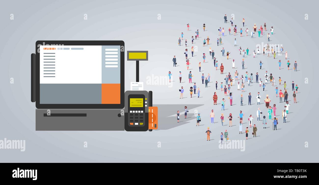 people group near pos terminal cash machine different occupation ...