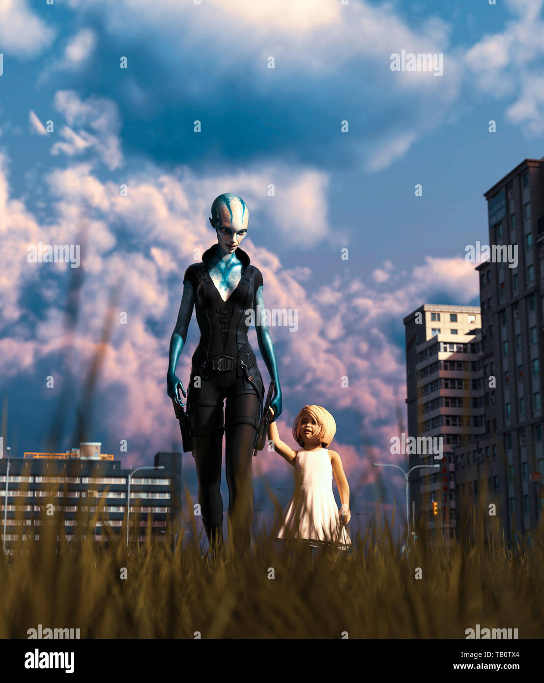 Alien woman walking with the girl in abandoned city,3d rendering Stock ...