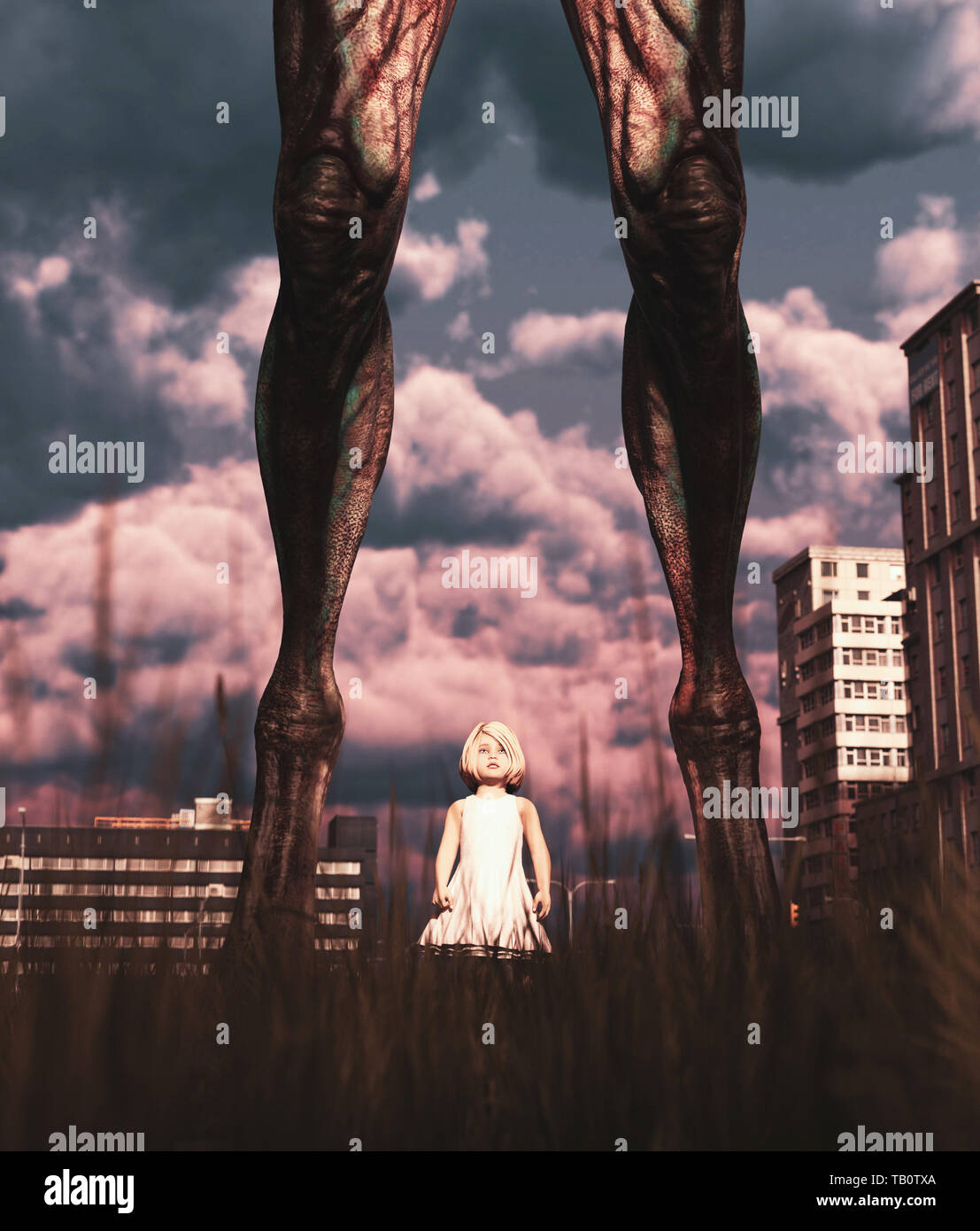 I see a monster,Little girl walking with a monster in abandoned city,3d ...