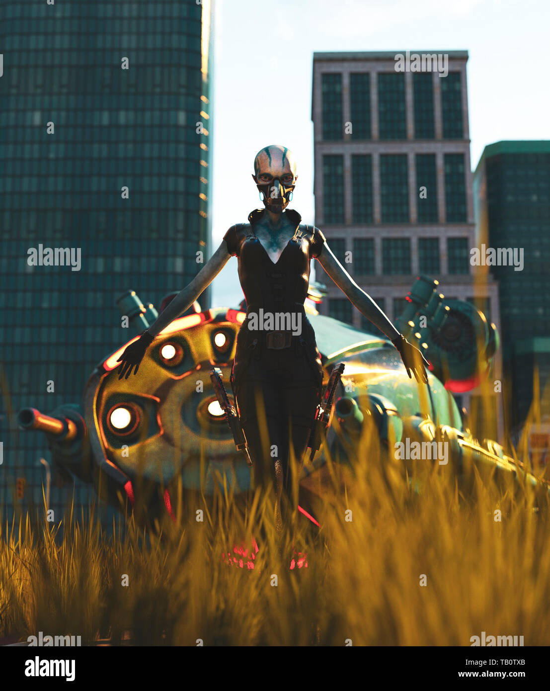 Alien girl visiting an abandoned city after the world is destroyed by ...