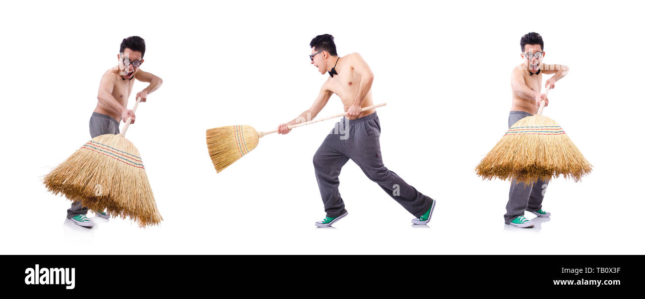 Funny man with broom on white Stock Photo - Alamy