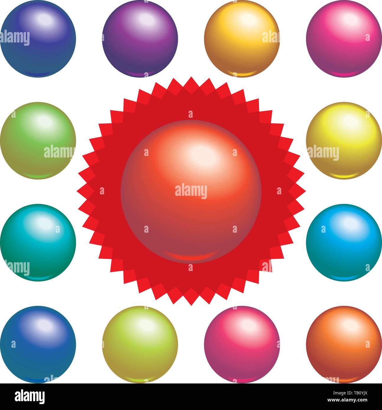 Vector illustration. 3D balls in different colors. The red one with ...