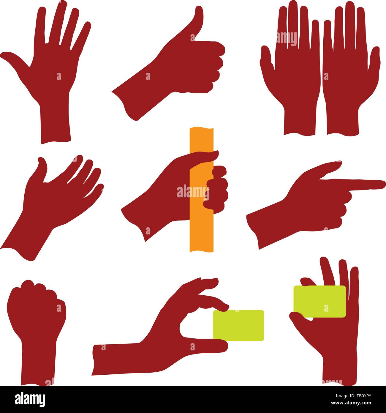 Vector illustration. Nine silhouette of real hands in different ...