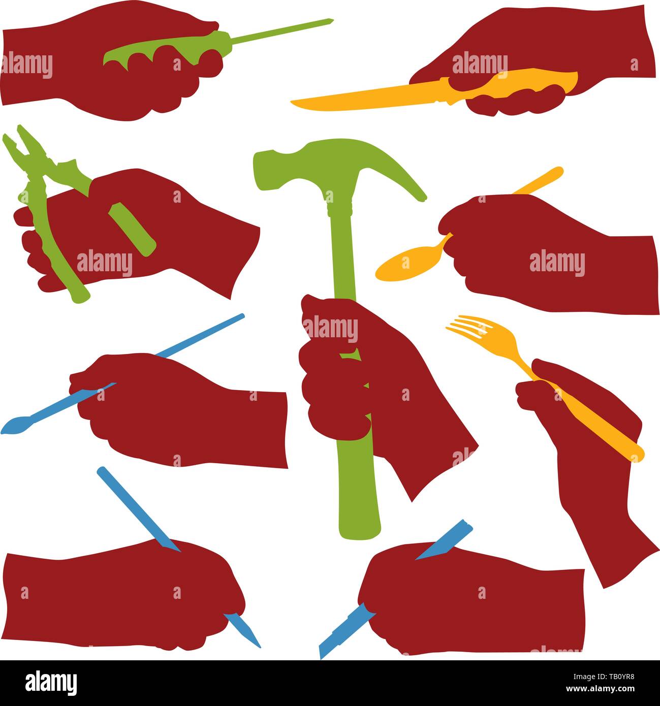 Vector illustration. Nine silhouette of working hands in different ...