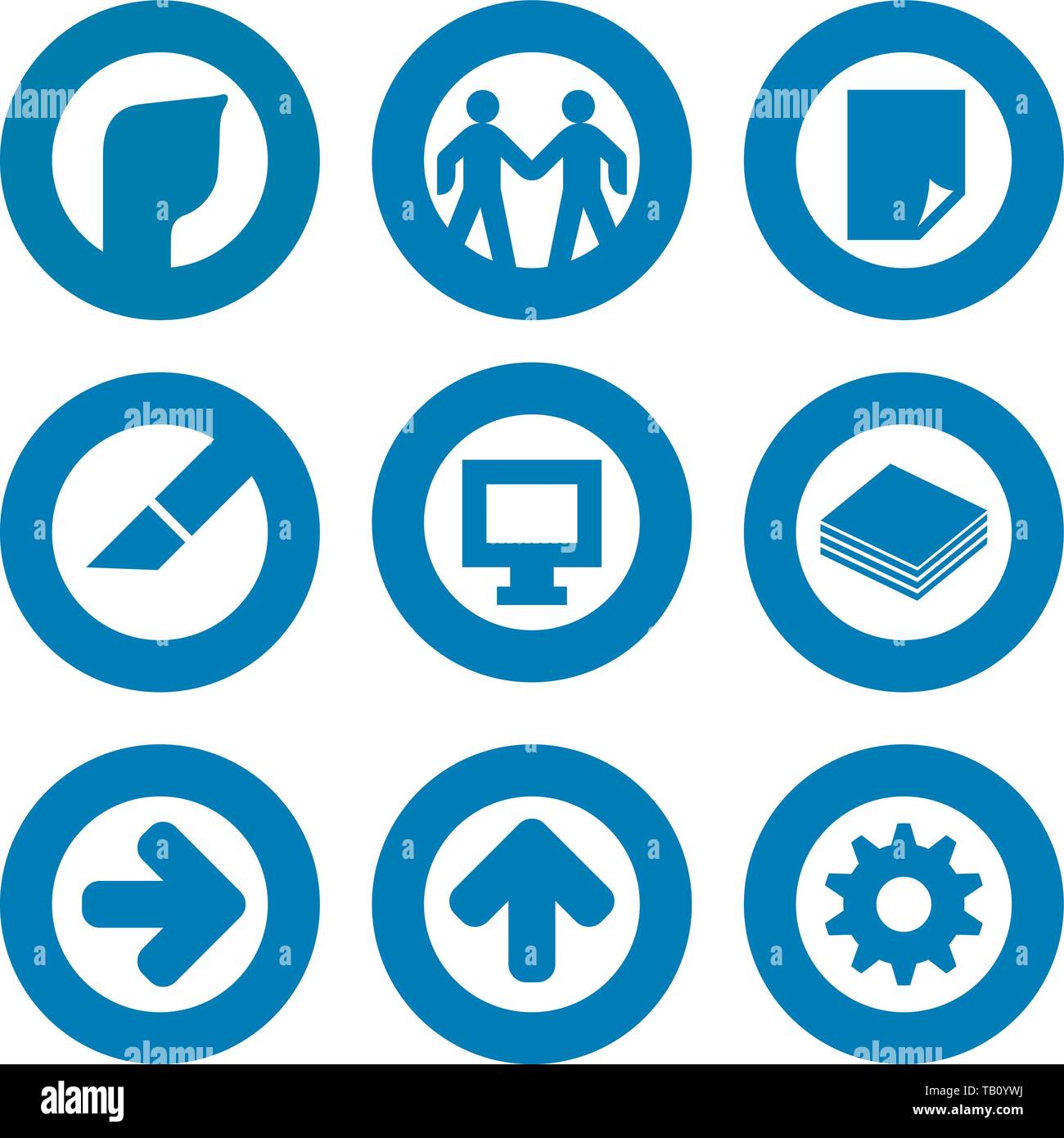 Vector illustration. Set of nine printer icon in blue. Round by circle ...