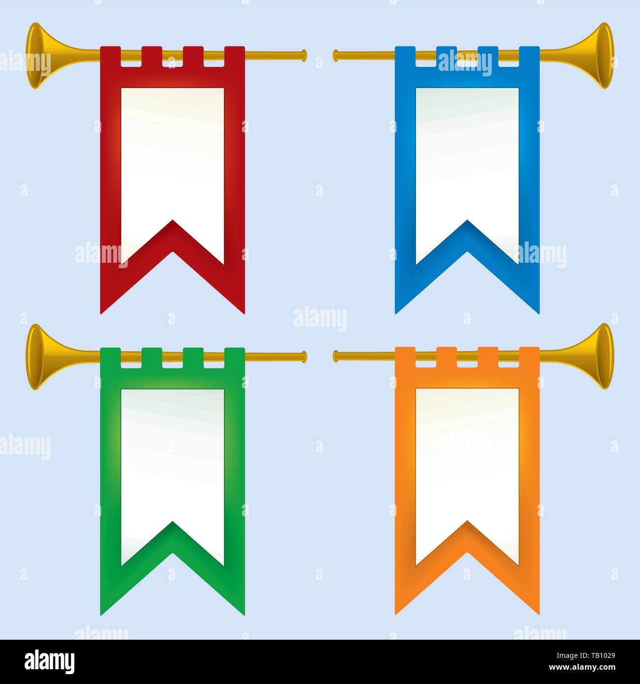 Vector illustration. Four medieval trumpets with assorted color flags ...