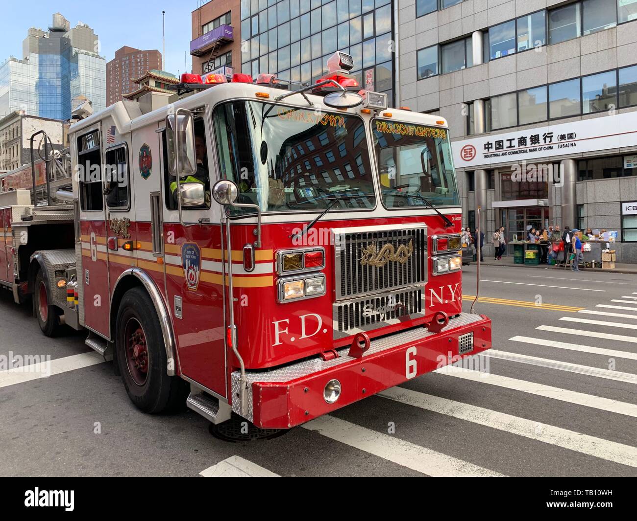 fire engine in chinatown with the special chinese dragon decoration ...