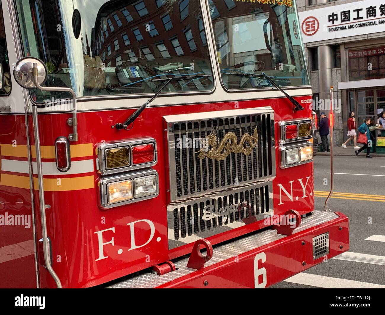 fire engine in chinatown with the special chinese dragon decoration ...