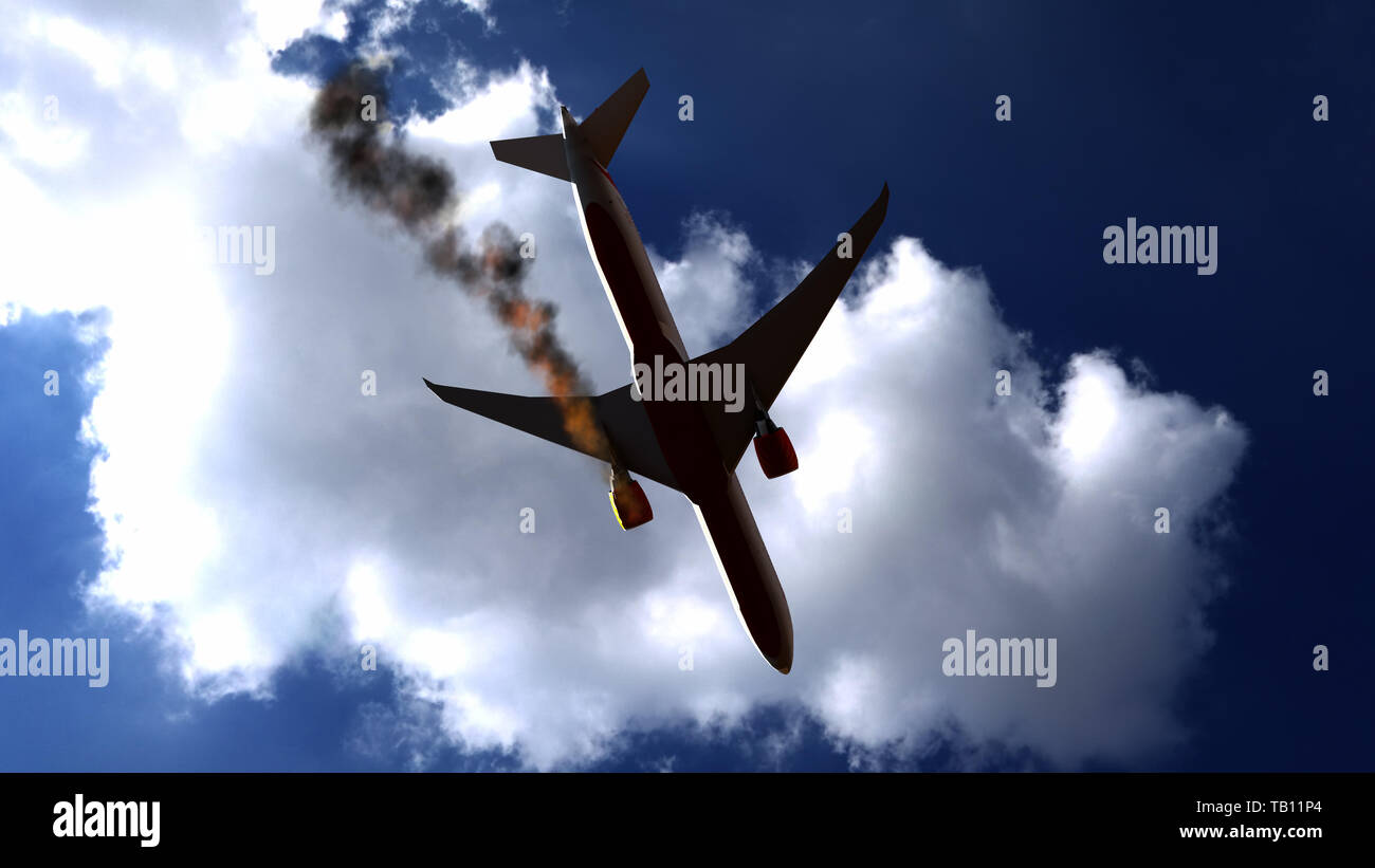 Flying aircraft with exploding aero engine just before air crash. 3D ...