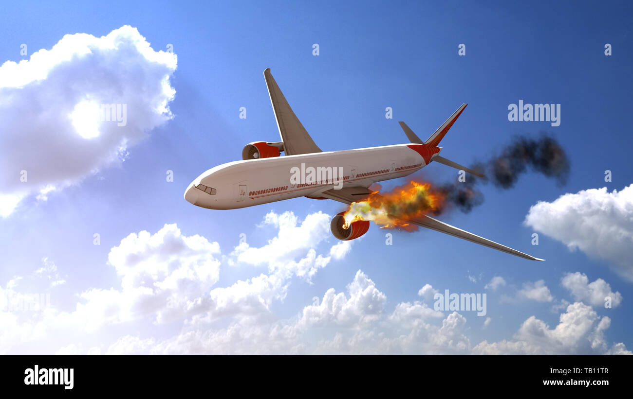 Commercial airplane with engine on fire, concept of aerial disaster. 3D ...