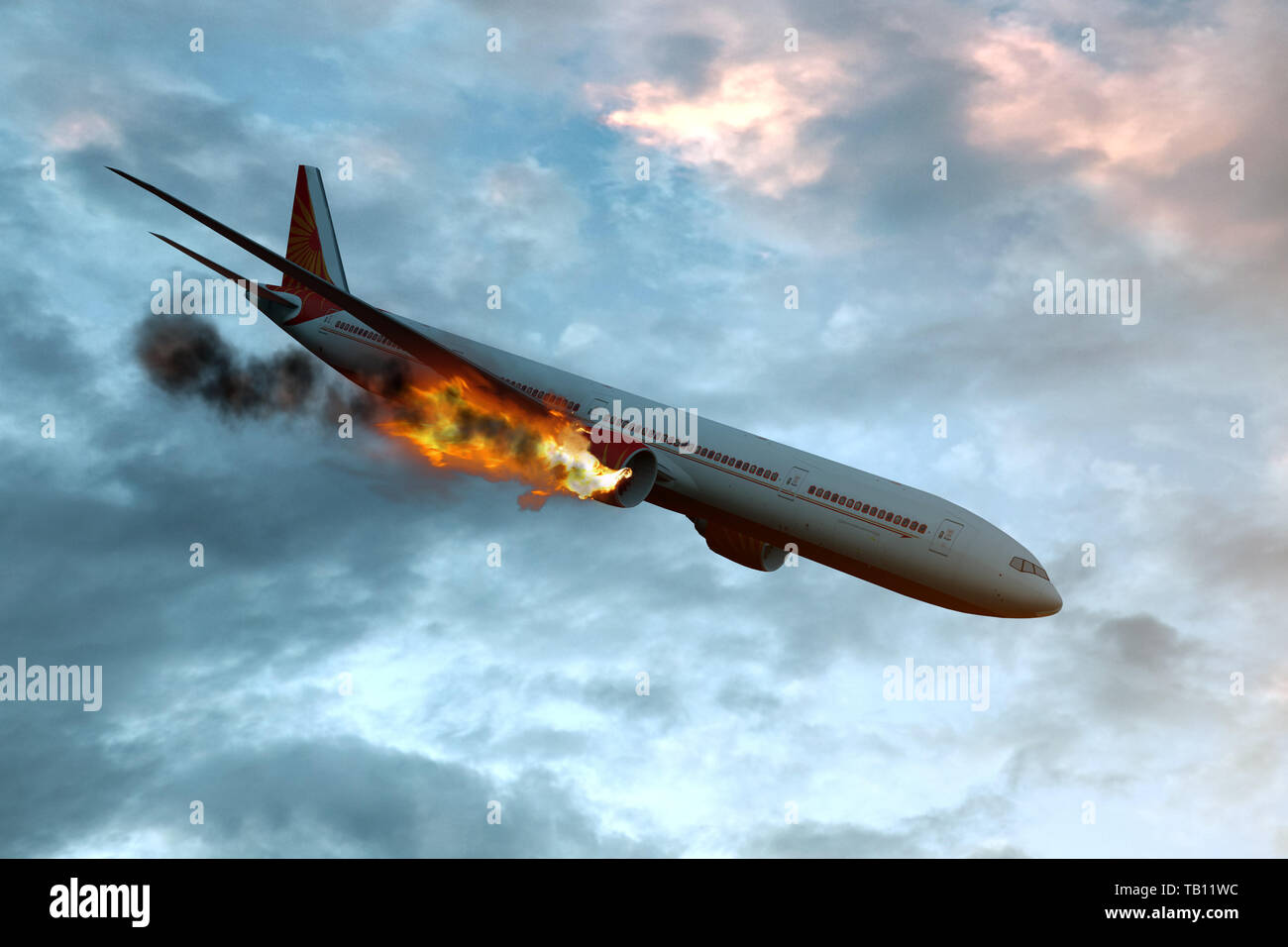 Commercial airplane with engine on fire, concept of aerial disaster. 3D ...