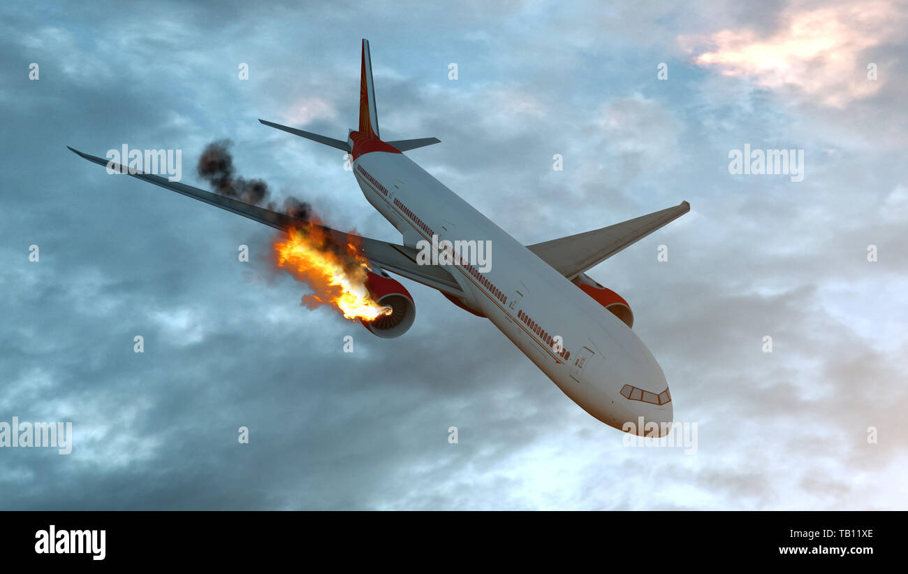 Burning white aircraft in the sky before crashing down. 3D illustration ...