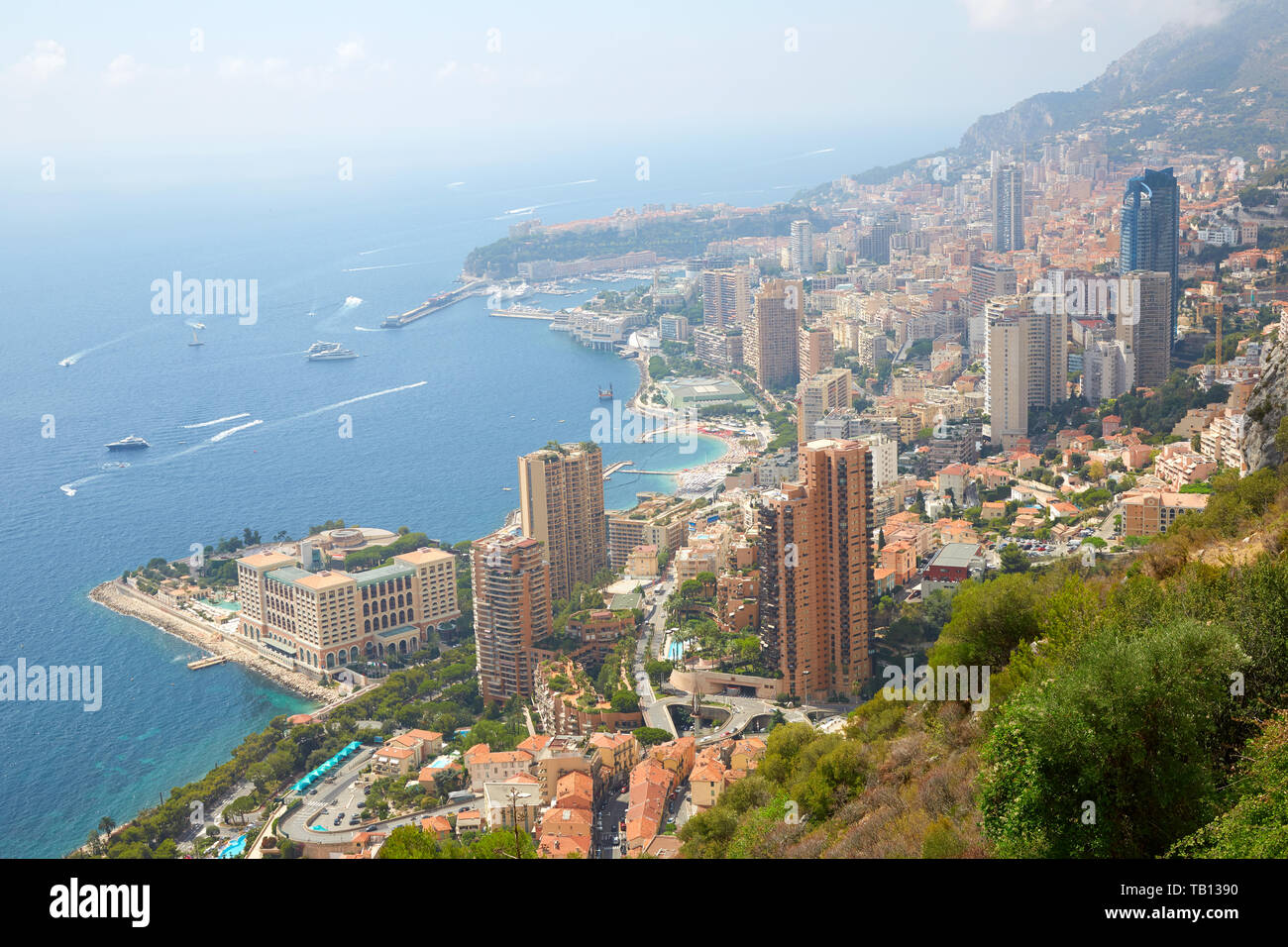 Monte Carl city view with mist in a sunny summer morning in Monaco ...