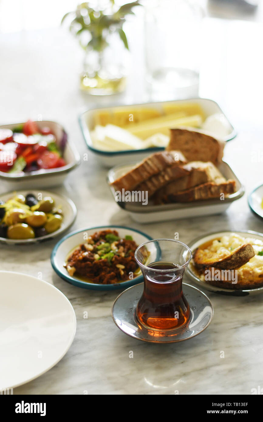 Turkish breakfast with various plates on a table Stock Photo - Alamy