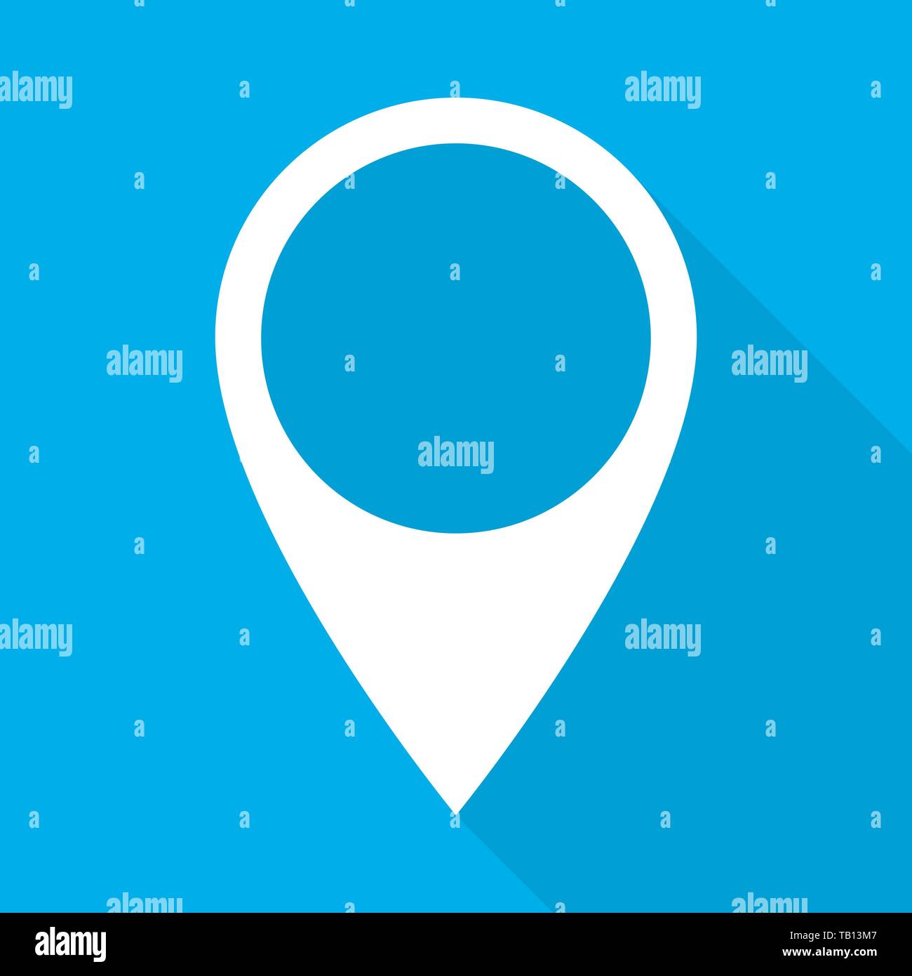 Location symbol with long shadow. Vector Illustration. Map pointer in flat style, on blue ...