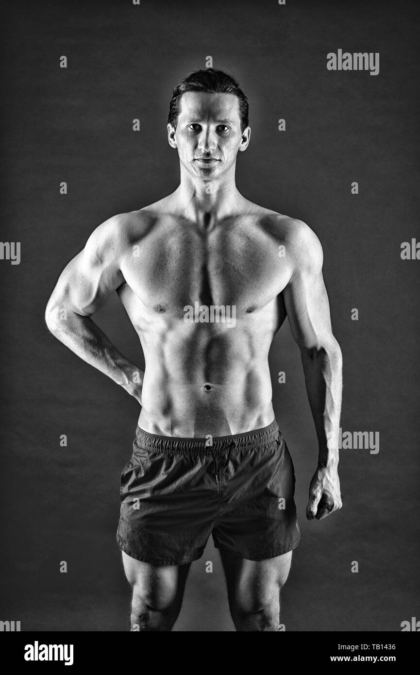 Attractive guy muscular chest. Proud of excellent shape. Healthy and ...