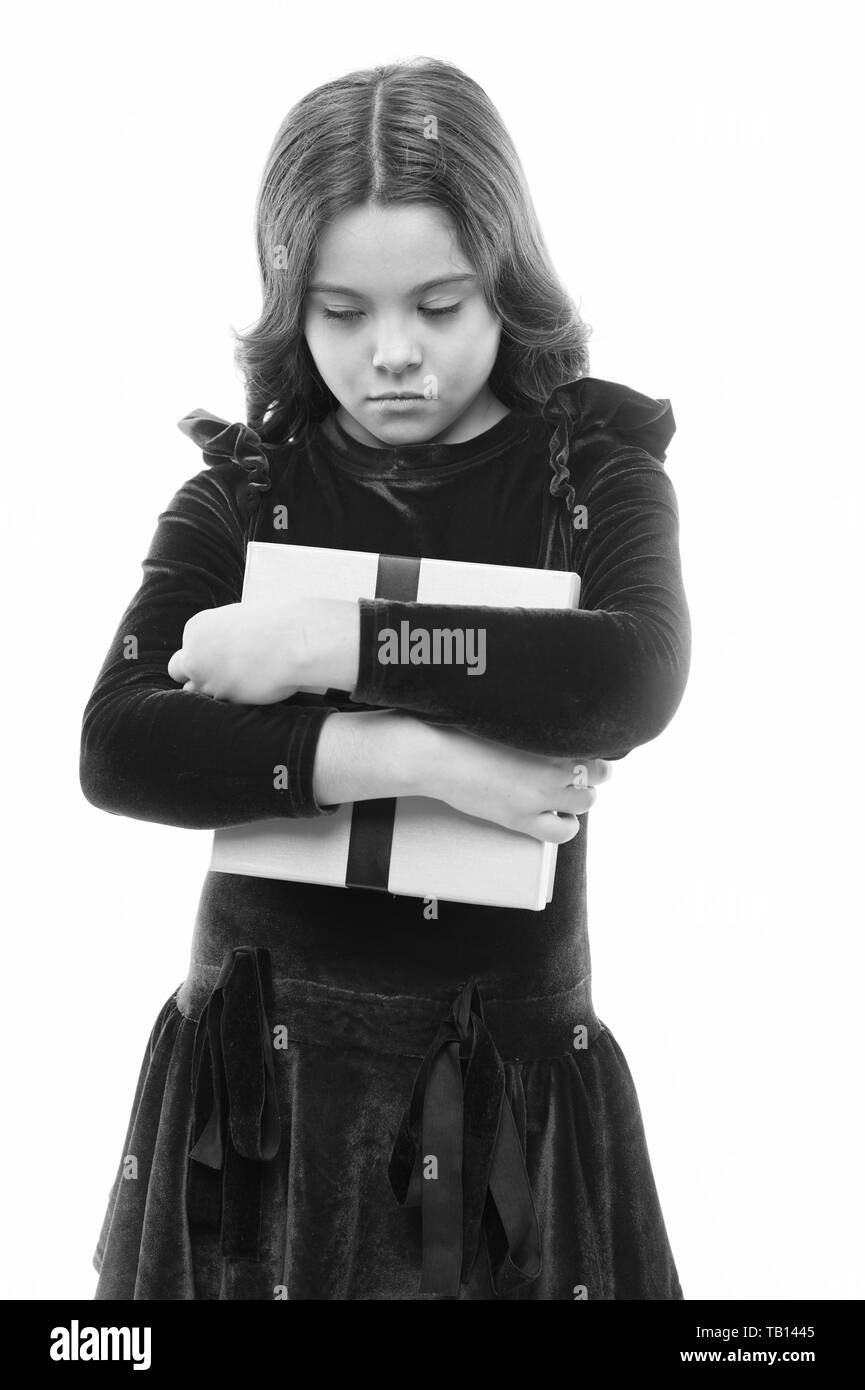 Sad child. Birthday wish list. Birthday sadness concept. Girl kid hold ...