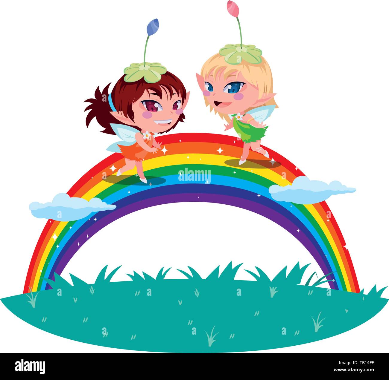 beautiful magic fairies with rainbow scene vector illustration design ...