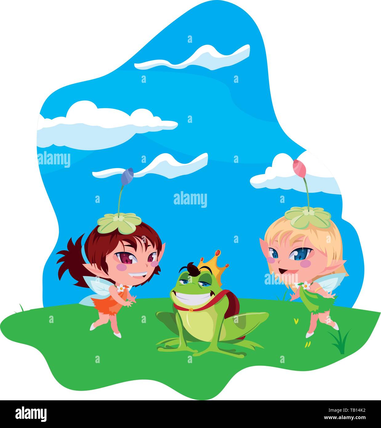 beautiful magic fairies with toad prince in the garden vector ...