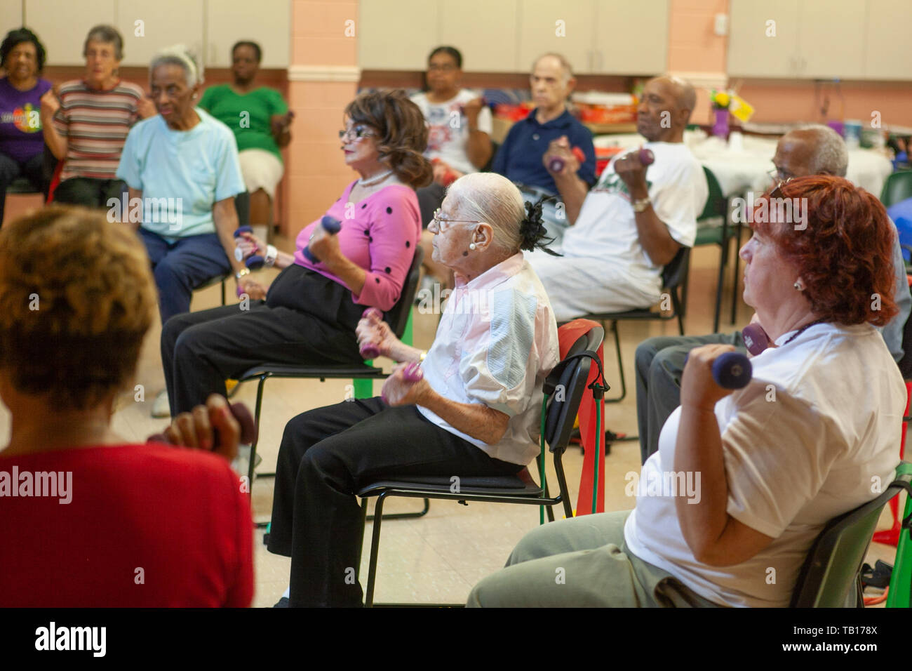 seniors in an exercise class at a senior center in Ardmore PA Stock ...