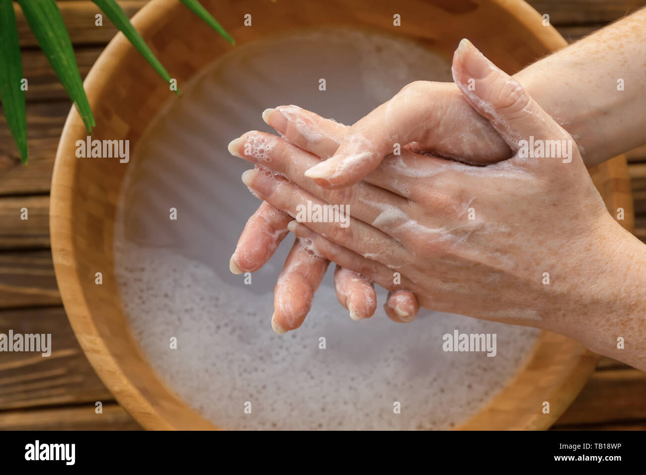 Woman washing hands in bowl Stock Photo - Alamy