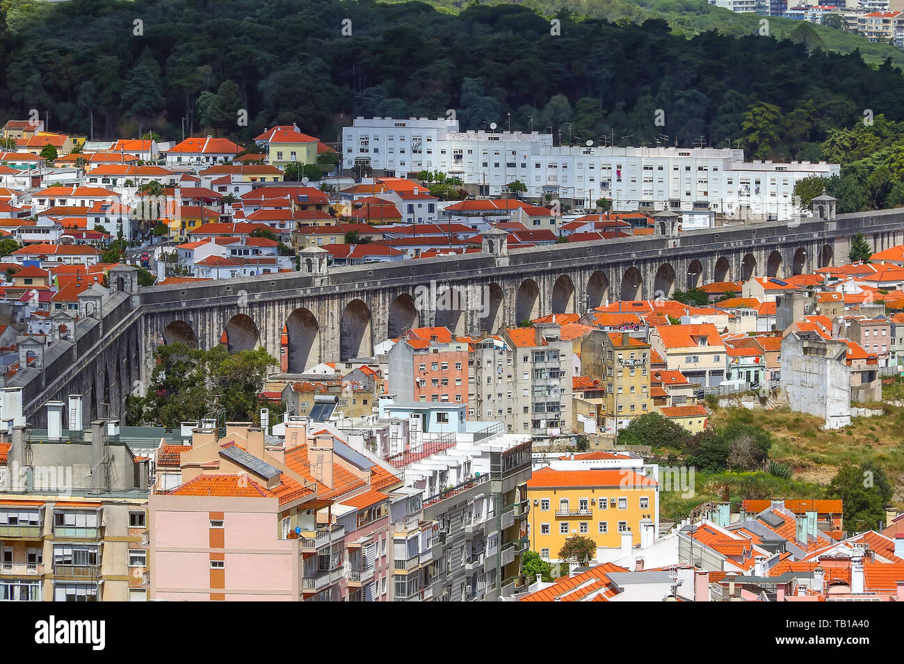 Panoramic aerial view of Lisbon, Portugal with aqueduct Stock Photo - Alamy