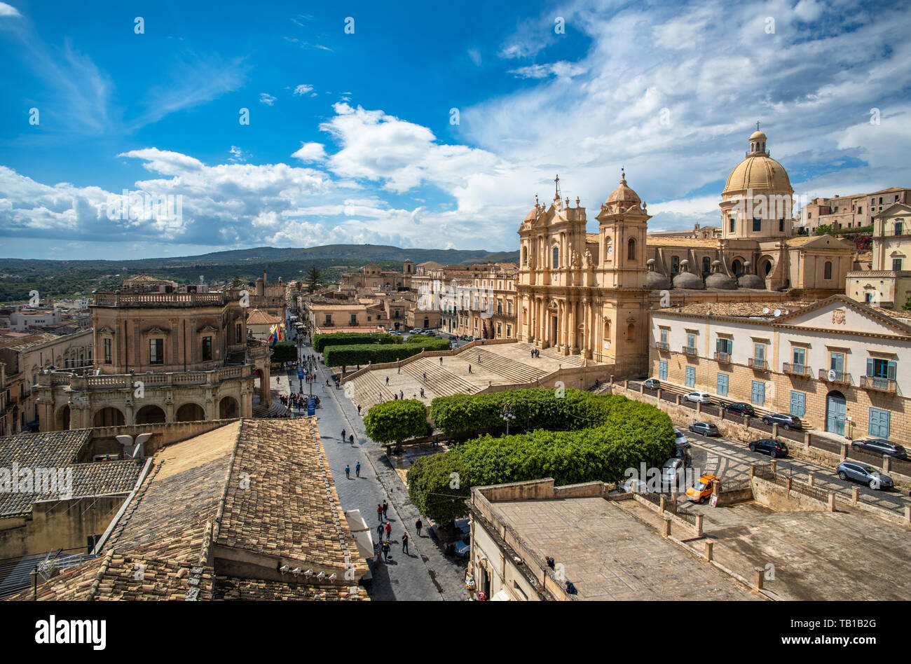 Panoramic view of Noto old town and Noto Cathedral, Sicily, Italy Stock ...