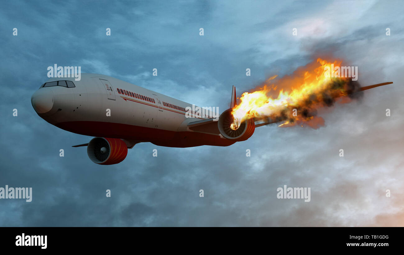 Flying aircraft with exploding aero engine just before air crash. 3D ...