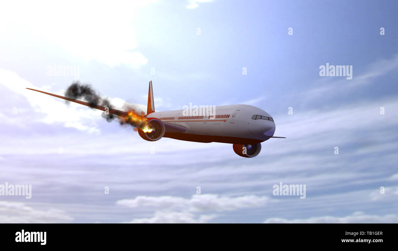 Commercial airplane with engine on fire, concept of aerial disaster. 3D ...