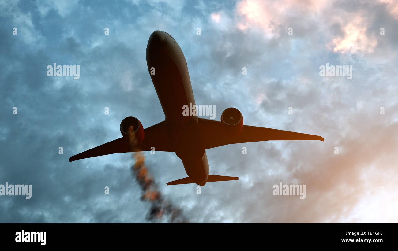 Flying aircraft with exploding aero engine just before air crash. 3D ...