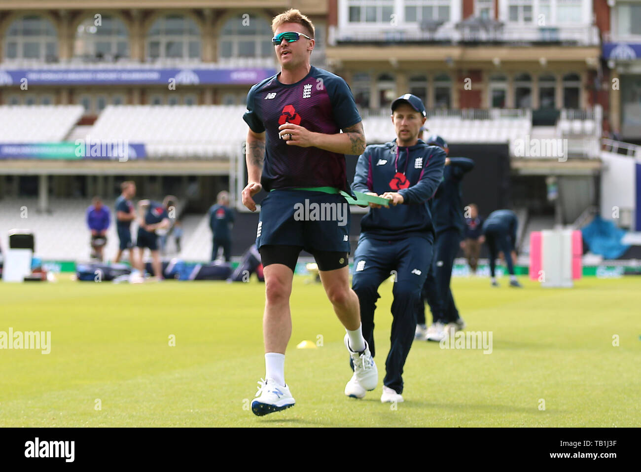 England's Jason Roy (left) and Joe Root during a training session at ...