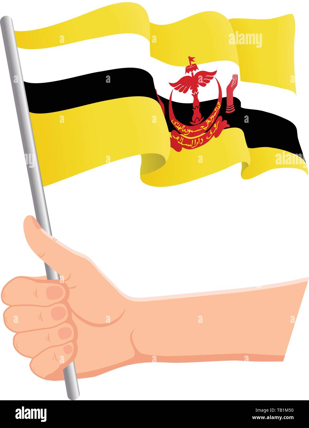 Hand holding and waving the national flag of Brunei. Fans, independence ...