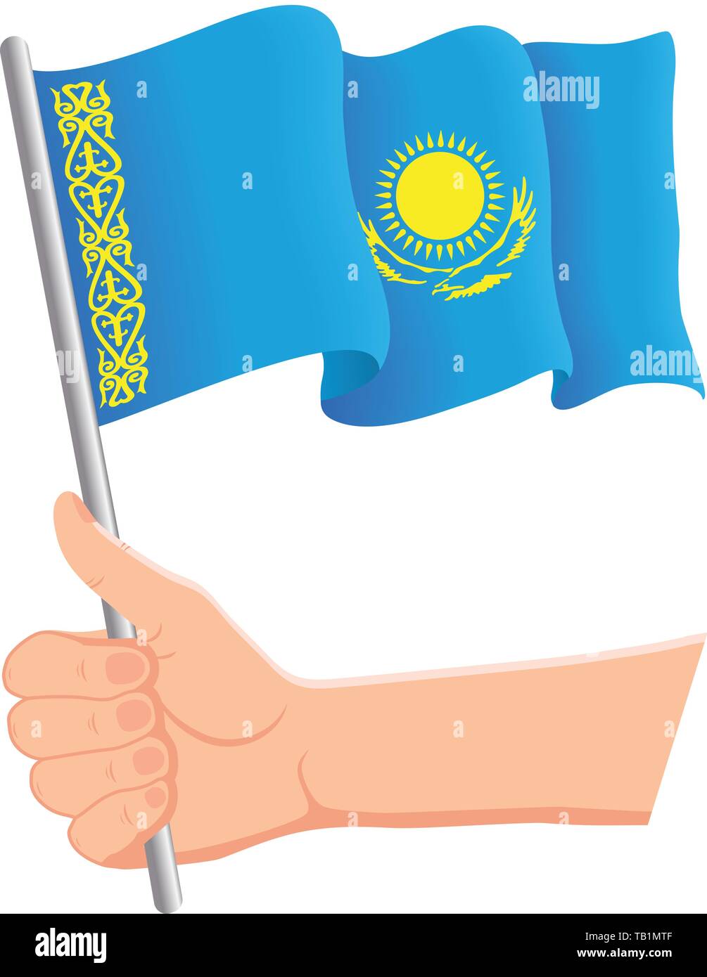 Hand holding and waving the national flag of Kazakhstan. Fans ...