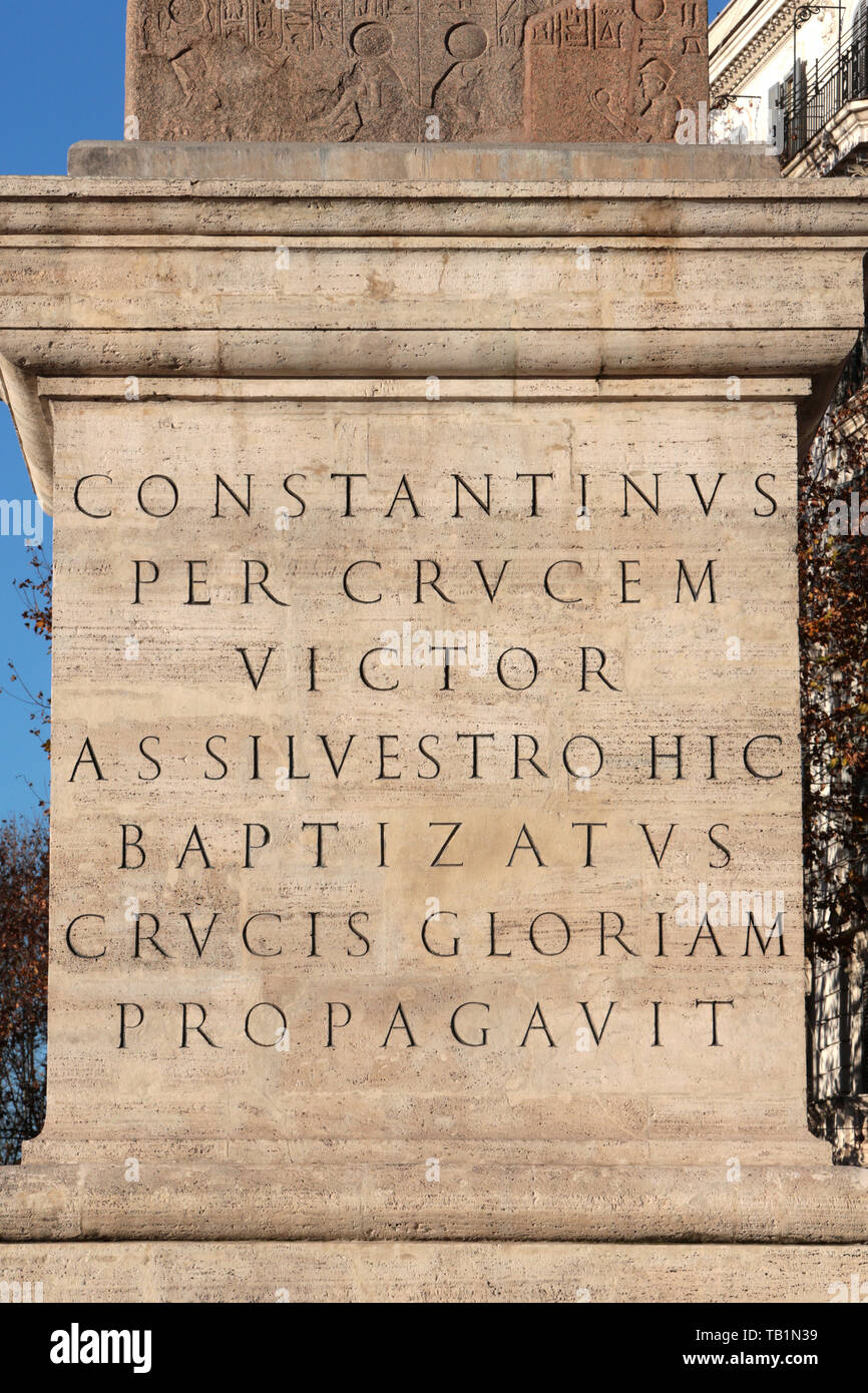 Latin inscription of Pope Sixtus V on base of Egyptian obelisk. Tallest ...