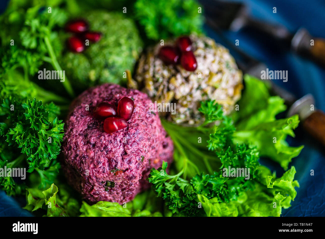 Traditional georgian dish, pkhali (phali) on stone background with copy ...