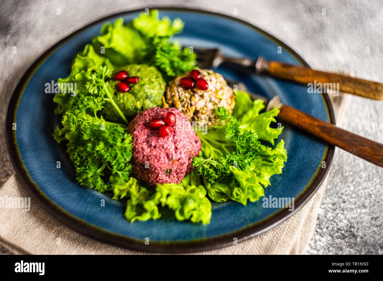 Traditional georgian dish, pkhali (phali) on stone background with copy ...