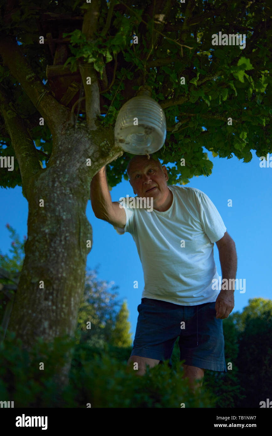 Stunning vertical portrait of an elderly caucasian man under a tree ...