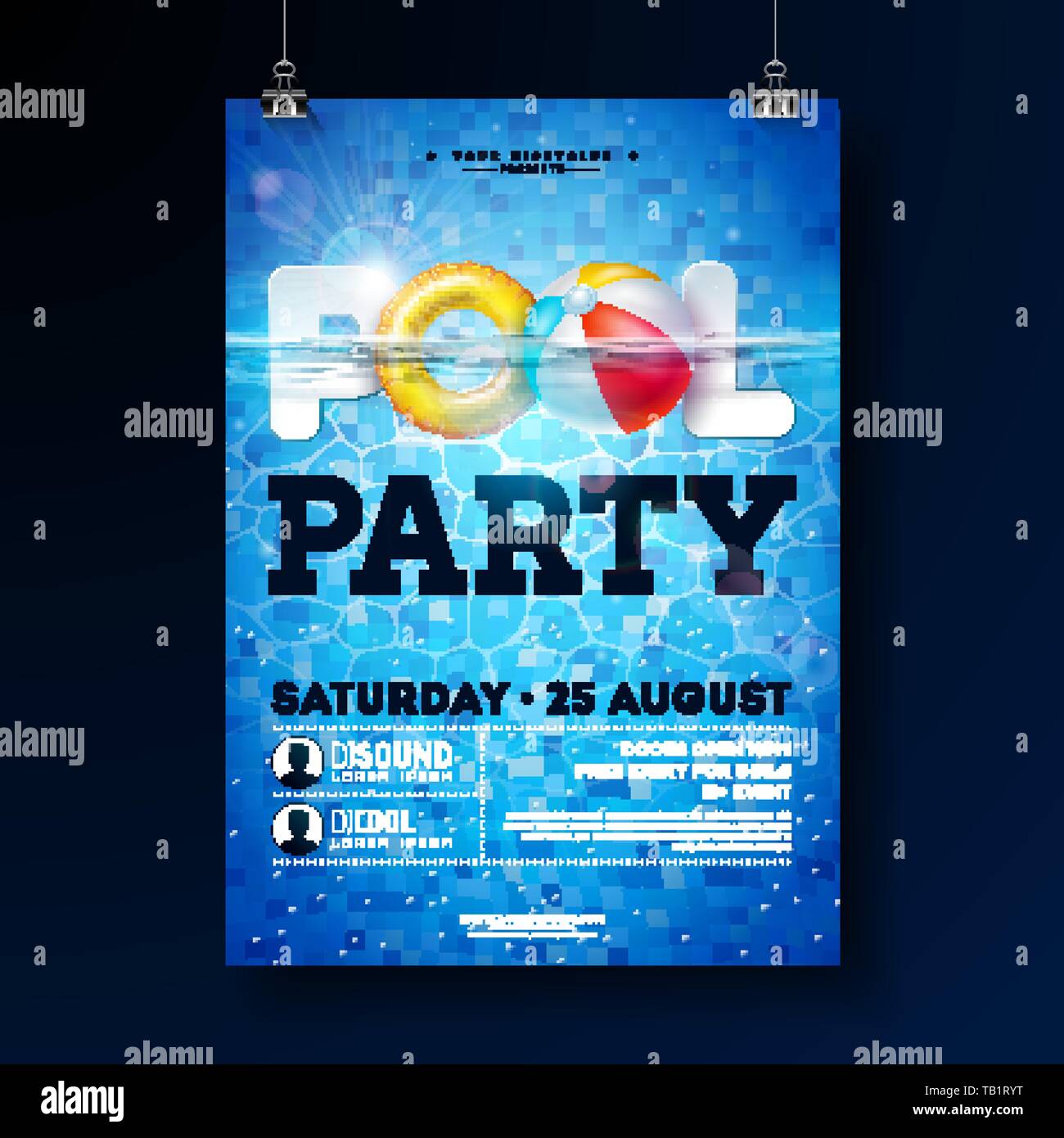 Summer pool party poster design template with water, beach ball and ...